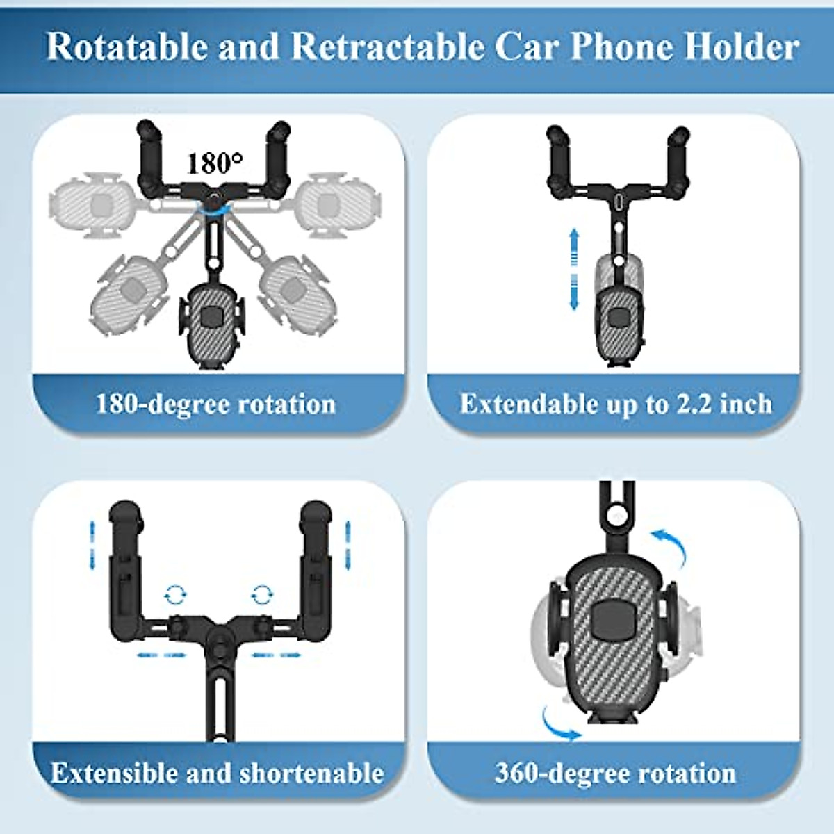 MIUOLV for Rear View Mirror Phone Holder, Rearview Mirror Phone Holder for Car, 360° Rotatable and Retractable Car Phone Holder Mount Universal Adjustable Car Cell Phone Holder for All Smartphones