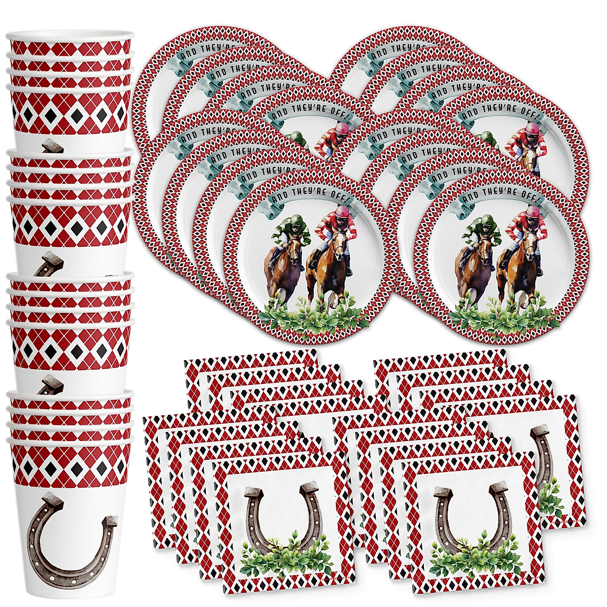Derby Day Birthday Party Supplies - Kentucky Horse Racing Plates - Horse Bridal Shower - Tableware Set Includes Plates Napkins Cups - Kit for 16