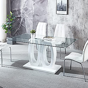 Henf 63" Contemporary Dining Table for 6, Tempered Glass Top Dining Room Table with High-Gloss Double Pedestal, Rectangle Dinner Table Kitchen Table Home Office Meeting Table (White)