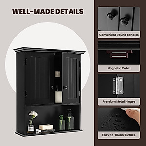 Byroce Bathroom Storage Cabinet Wall Mounted, Wooden Over The Toilet Space Saver with 2 Doors & Adjustable Shelf, Hanging Medicine Cabinets for Bathroom, Living Room, Kitchen (Black)