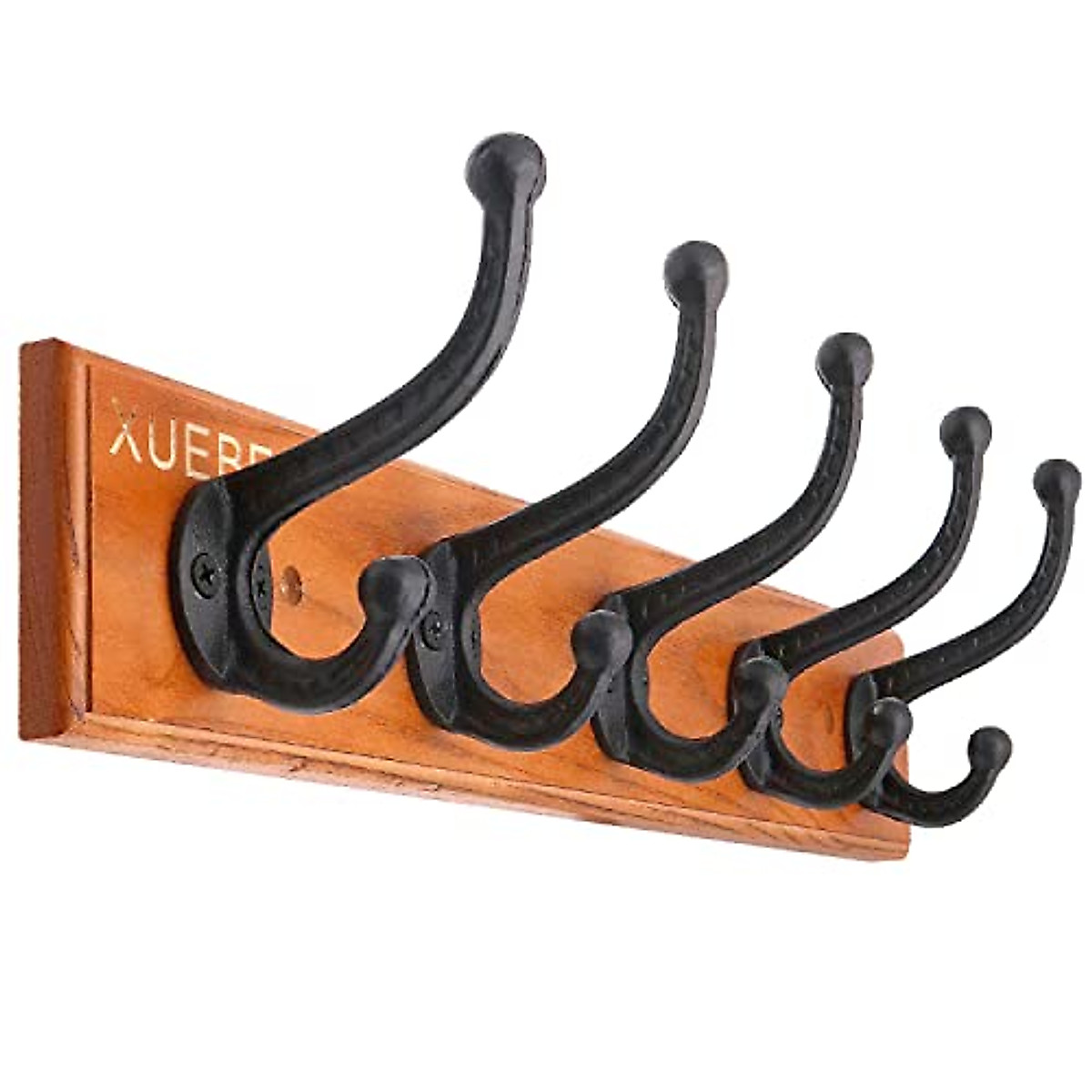 XUEBEI Rustic Cast Iron Coat Hooks Black Wall Hooks Coat Rack Heavy Duty Coat Rack with 5 Wall Hooks,Bedroom Ash Wooden Modern Farmhouse,Entryway Hooks, Bags,Towels