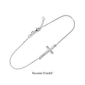 14K White Gold Sideways Cross Crucifix Christian Rolo Chain Bracelet with Lobster Claw Clasp - Adjustable 7-1/2" with 1/2" Extender