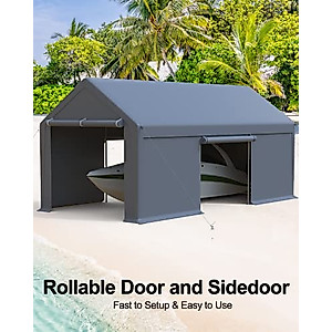 DEXSO Carport 13'x20' Portable Garage, with Heavy Duty Carport Canopy, Reinforced Steel Poles and 4 Roll-up Doors, for Pickup, Boat, and Equipment, Silver Gray