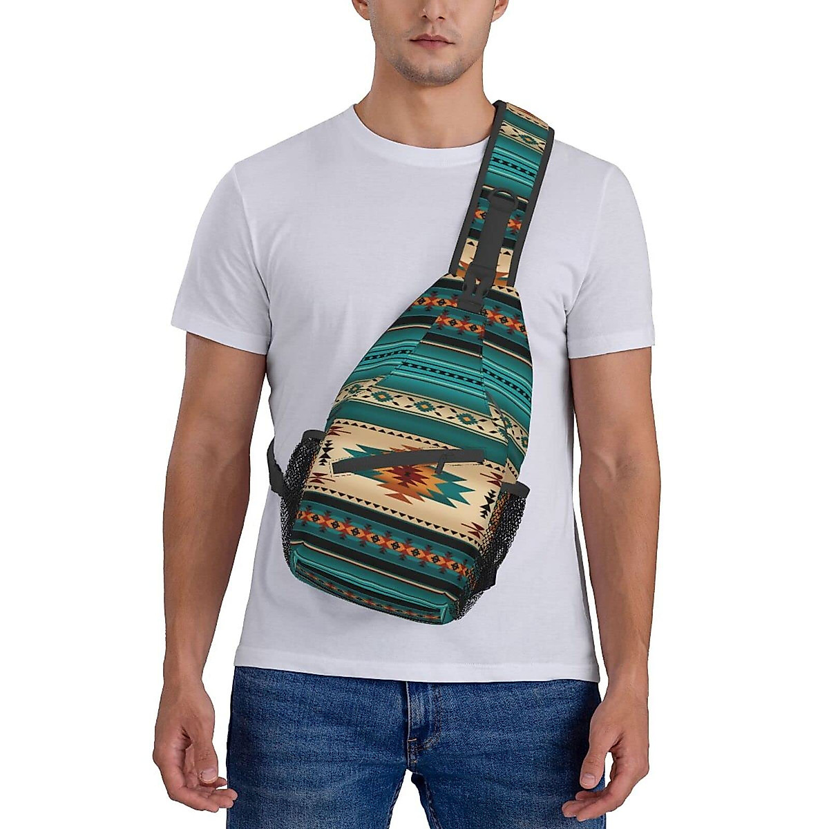QISENTIS Aztec Ethnic Pattern Design Sling Bag Crossbody Backpack Indiana Western Southwest Native American Turquoise Stripe Travel Hiking Daypack Navajo Print Chest Shoulder Bag
