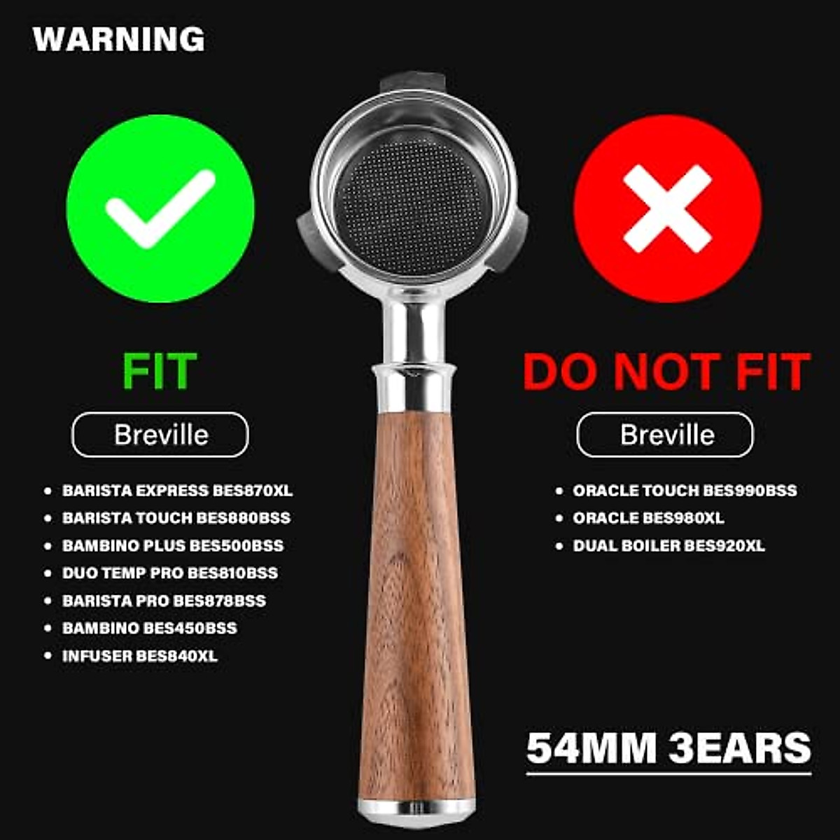 CrossCreek 54mm Espresso Bottomless Portafilter with 3 Ear | Fits 54mm Breville/Sage Barista Espresso Machine | Stainless Steel Basket and Walnut Handle | Espresso Accessories