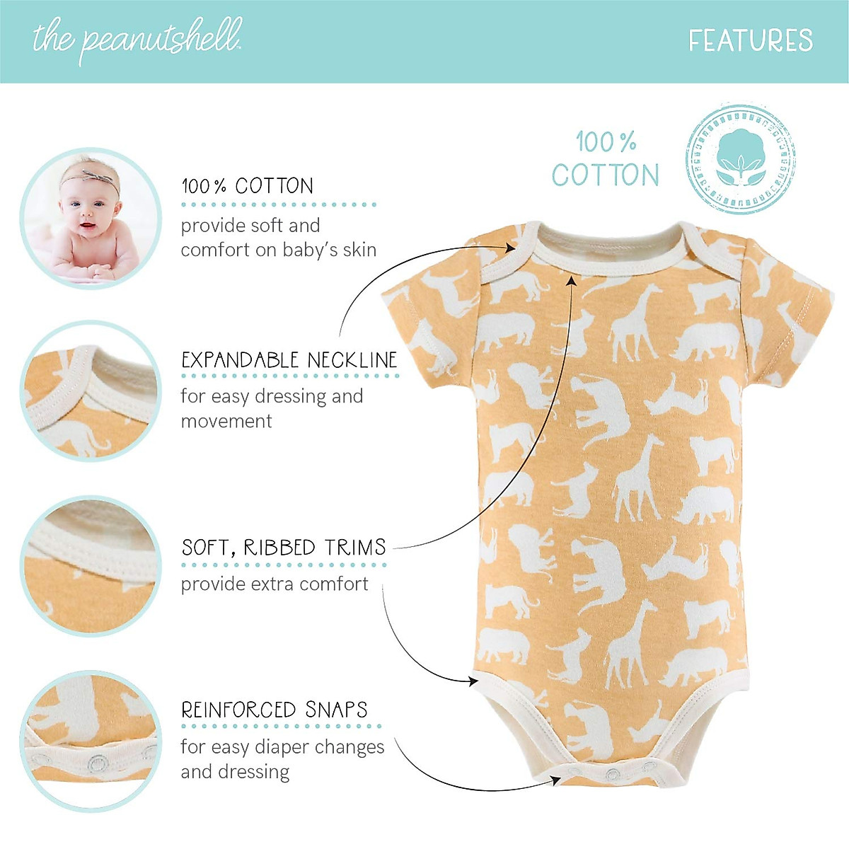 The Peanutshell Short Sleeve Baby Bodysuits Set for Boys or Girls - Safari Animals - 5 Pack Set (3M)