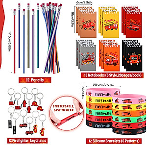 144 Pcs Firefighter Party Favors Fireman Themed Party Supplies Firemen Truck DIY Stickers Drawstring Bags Mini Notepads Silicone Wristbands Bracelets Keychain Button Pins Flexible Soft Pencil