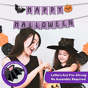 HOUSE OF PARTY Happy Halloween Banner - Happy Halloween Sign - Happy Birthday Halloween Banner - Indoor Halloween Party Decoration with Bat and Pumpkin - Perfect for Mantle, Halloween Party Decor!