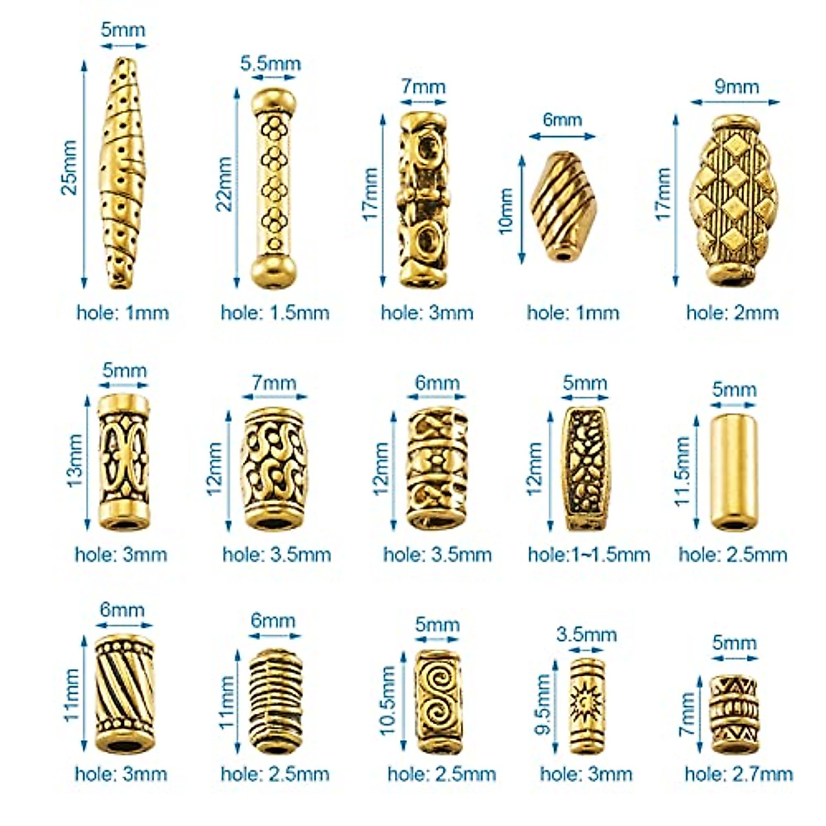 Craftdady 150Pcs Antique Gold Tube Bar Spacer Beads Tibetan Metal Column Barrel Drum Beads for Jewelry Crafts Making Hole:1-3.5mm
