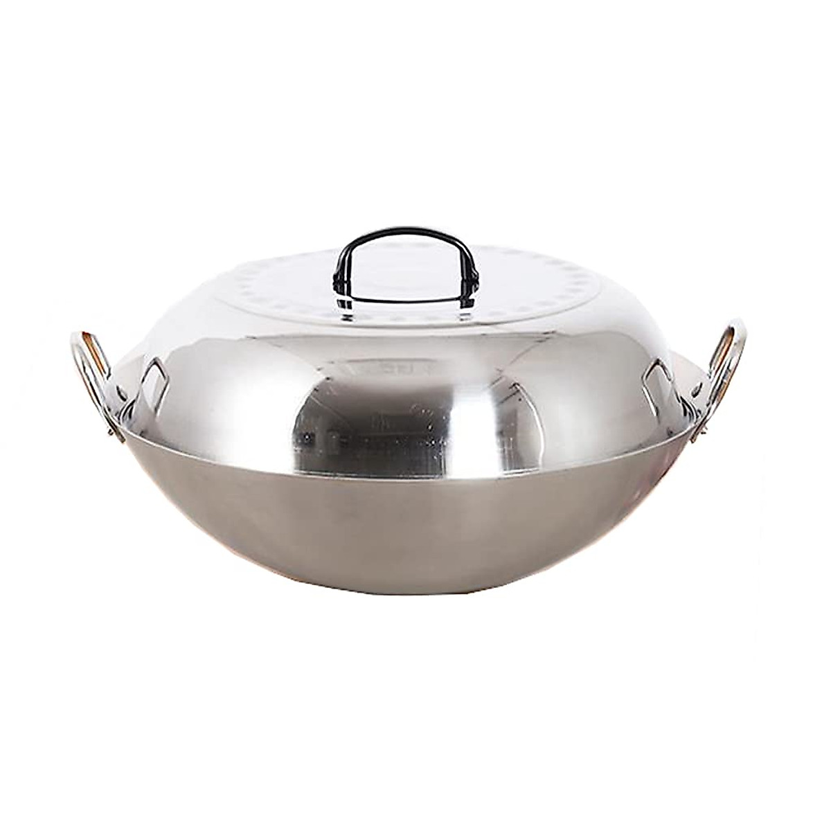 GXDHOME Thickened Food Grade Non-Magnetic 201 Double-Ear Stainless Steel Wok with High Lid 43/47cm Chinese Style Round Bottom Smokeless Pot for Gas Stove(Bright Silver)