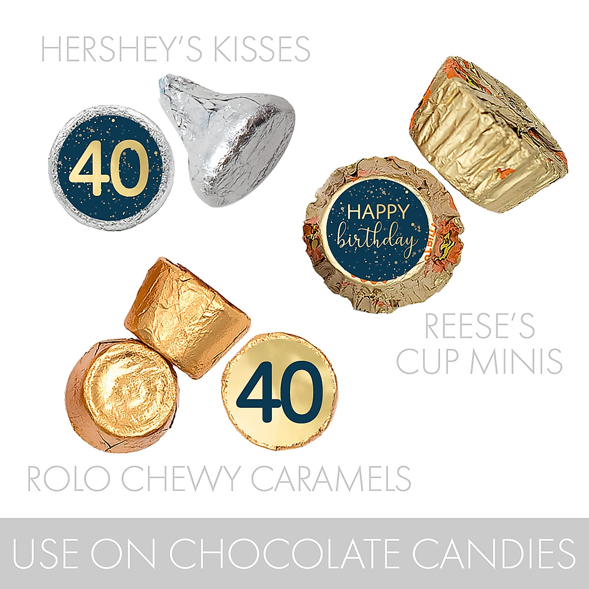 Navy Blue and Gold 40th Birthday Party Favor Chocolate Kisses Candy Stickers - 180 Count