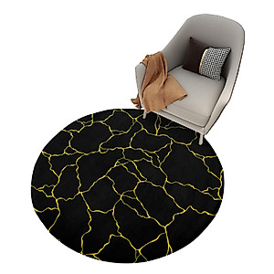 Black Gold Fluffy Round Area Rug Carpets 4ft, Plush Shaggy Carpet Soft Circular Rugs, Non-Slip Fuzzy Accent Floor Mat for Living Room Bedroom Nursery Home Decor Modern Geometric Abstract Art