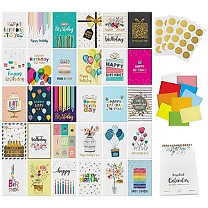 Dessie 30 Unique Happy Birthday Cards - 30 Gold Foil Birthday Cards Bulk With Message Inside. 32 White and Colored Envelopes, Perpetual Birthday Calendar and Gold Sealing Stickers Included In Box
