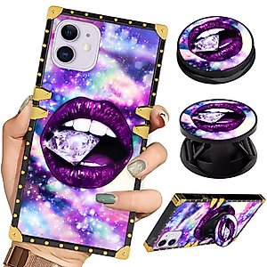 BITOBE Luxury Square Phone Case iPhone 11 with Stand 6.1 Inch 2019 Retro Elegant Soft TPU Design Cover for Women Girls with Ring Holder Kickstand (Purple Galaxy Diamond Lips)