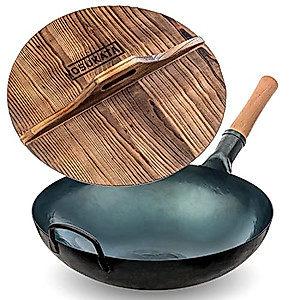 YOSUKATA Blue Round Bottom Wok Pan 14" With Premium Wok Cover 14 inch Pan Lid - Woks and Stir Fry Pans plus Premium Wok Cover - Traditional Chinese Woks with Premium Wok Cover 14 inch Pan Lid