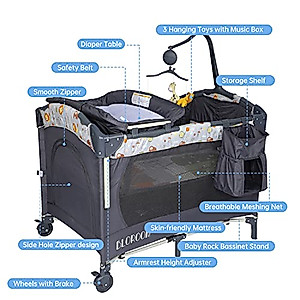 BLOROOM 6-in-1 Pack and Play, Baby Bedside Sleeper with Bassinet, Multifunction Bedside Crib Newborn to Toddlers, Diaper Changer, Playard, Safety Strap, Music Box & Hanging Toys,Mosquito net (Gray)
