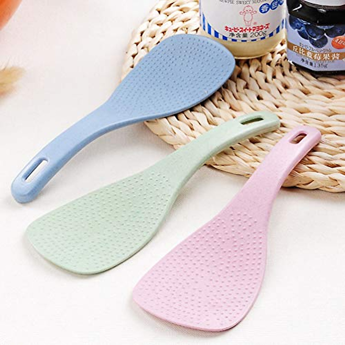 Rice Paddle Spatula Tableware Food Serving Spoons No Scratch Rice Cooker Scoop Solid Color Wheat Straw Eco-friendly Kitchen Utensil - 3 Pack