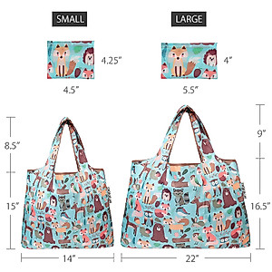 allydrew Large & Small Foldable Tote Nylon Reusable Grocery Bags, Set of 2, Wilderness Animals