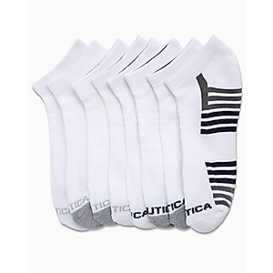 Nautica Men's Low Cut Socks - 8 Pack Comfort Cushioned Athletic Ankle Socks for Men - Casual Men's Sports Socks, Size 6-12.5, White Stripe