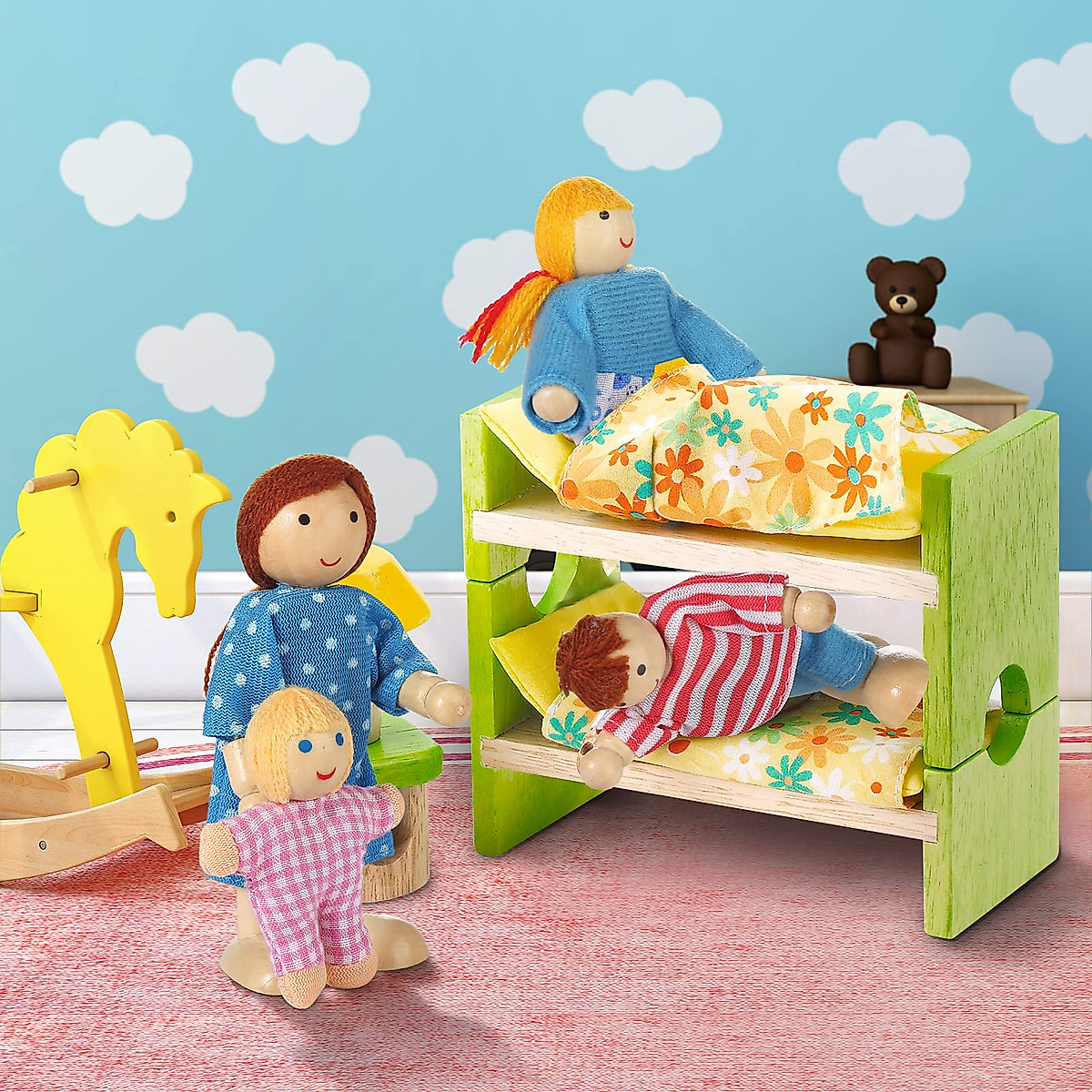 Jzszera Wooden Doll House People of 8 Figures, Dolls Family Set for Girls Toddler Kids Dollhouse Accessories Toy