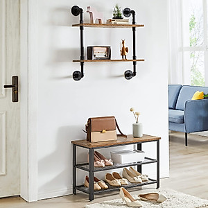 IBUYKE Industrial Shoe Rack, Shoe Bench, for 6-8 Pairs, 3-Tier Storage Organiser with Seat and Shelf, for Entryway, Living Room, Hallway, Steel Frame, Accent Furniture, TMJ004H