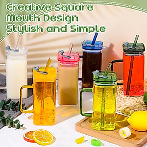 Rtteri 6 Sets Square Glass Cups with Lids and Straws Coffee Cups with Handle Drinking Glasses Wide Mouth Multi Colored Glass Tumbler with Handle for Home Employee Coworkers (13 oz, Small)