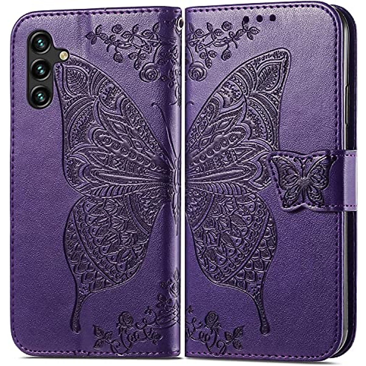 Wallet Case for Samsung Galaxy A14 5G,PU Leather Wallet Flip Protective Phone Case Wrist Strap Card Slots Holder Pocket Emboss Butterfly Flower Stand Case for Samsung Galaxy A14 5G Purple