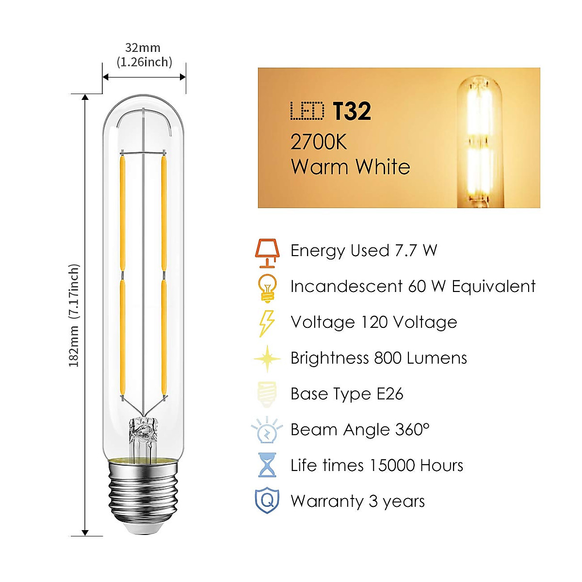 LVWIT T10 Dimmble LED Tubular Bulb 7.7W(60W Equivalent) Vintage Edison LED Filament Lights E26 Medium Base 2700K Warm White, 800LM,Clear Glass Cover,4-Pack