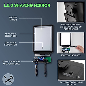 Clean Shave Fogless Shower Shaving Mirror with LED Lights - Clear Bright Mirror - Modern, Smooth Design - Storage for Razor and Bathroom Accessories - Squeegee - Tile or Wall Mounted, Easy to Install
