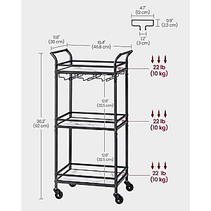 VASAGLE Bar Cart, Home Bar Serving Cart, Small Bar Cart with 3-Tier Shelf, Wine Holders, Glass Holders, Mini Bar Cart for Small Spaces, Kitchen, Dining Room, Living Room, Ink Black