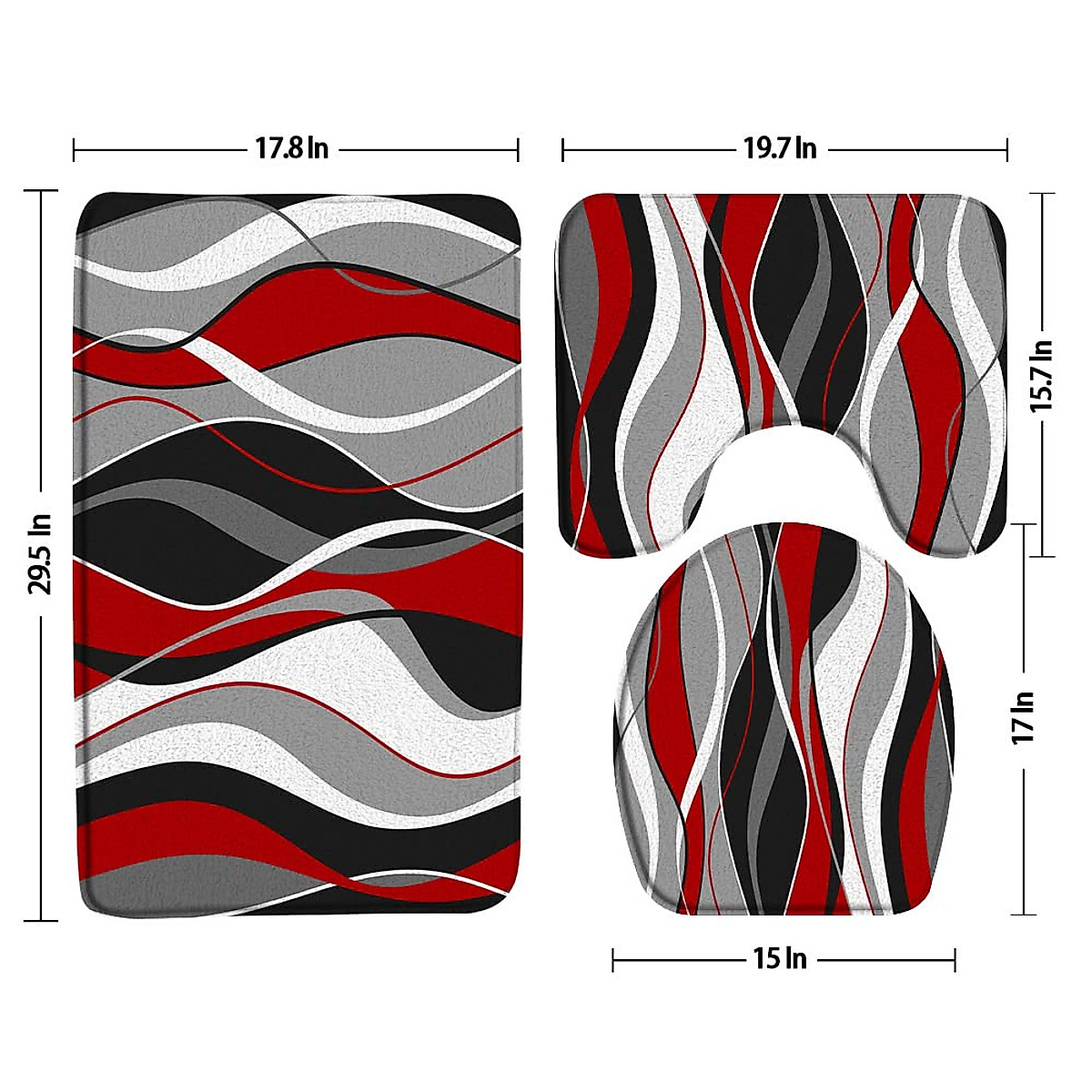 Red Black Gray White 3 Piece Bath Mat Sets,Modern Geometric Striped Line Abstract Geo Wave Simple Contemporary Bathroom Kitchen Memory Foam Rug,17.8"x29.5"Bath Mat,Toilet Seat Cover,U-Shaped Toilet