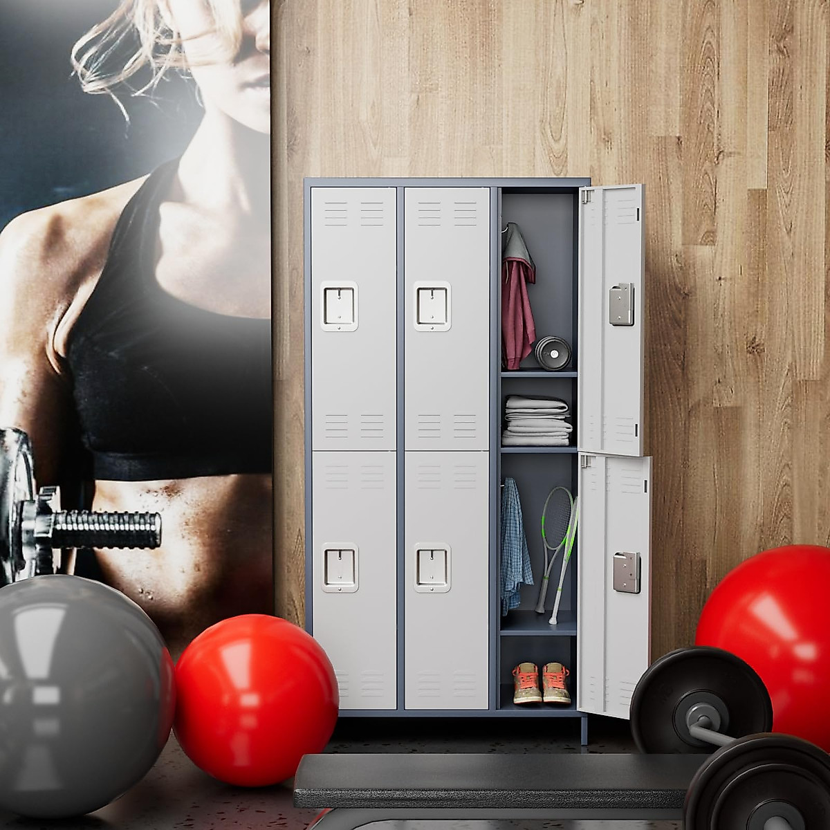 Aobabo Metal Office Storage Lockers, 6 Lockable Door Locker Cabinet, 72" H Tall Storage for Employee,Gym,Home,School, Gray White, Assembly Required