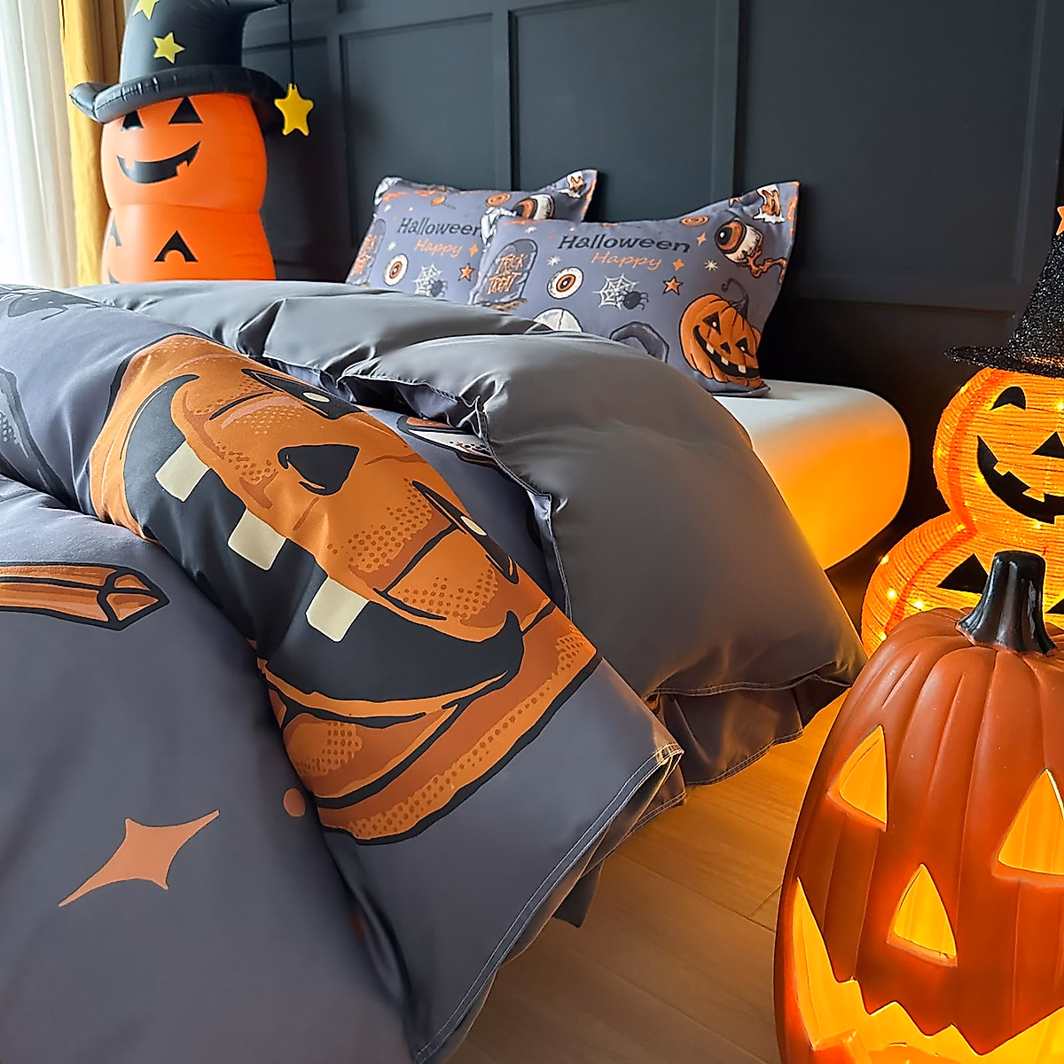 Halloween Duvet Cover Set Twin Size 3 Pieces with 2 Pillow Shams - Gray Halloween Pumpkin Festival Themed Bedding Set with Broom Tombstone Skeleton for Kids Boys Girls Teens Bedroom Decor