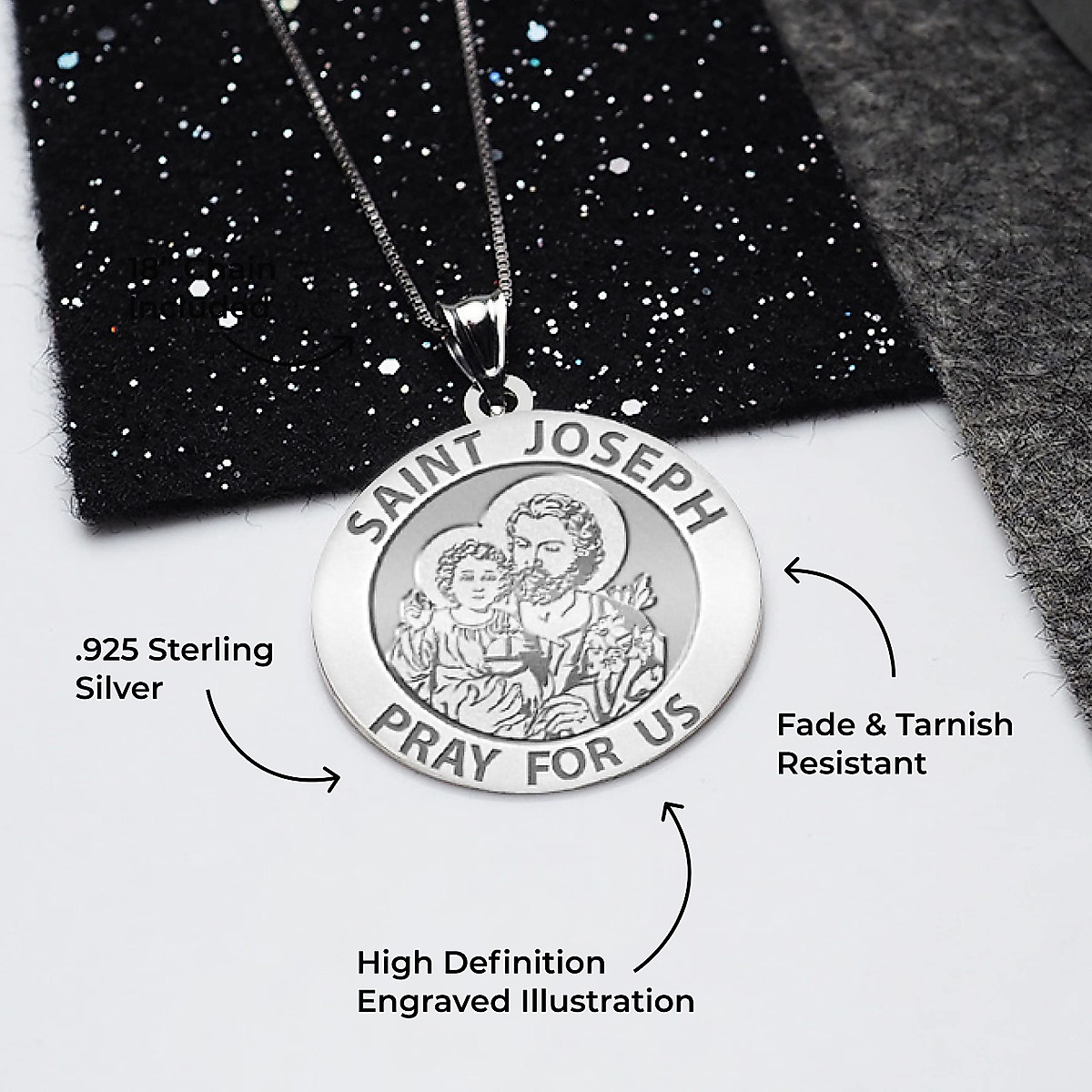 PicturesOnGold.com Saint Joseph Round Religious Medal EXCLUSIVE - Sterling Silver - 2/3 x 2/3 Inch