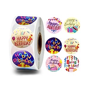 OUXWOM Happy Birthday Stickers, 500PCS & 6 Assorted Designs, Round, Multicolor, Waterproof, Indoor Use, Birthday (Cartoon) Theme, Plastic Material, Custom Style, Roll, Stickers