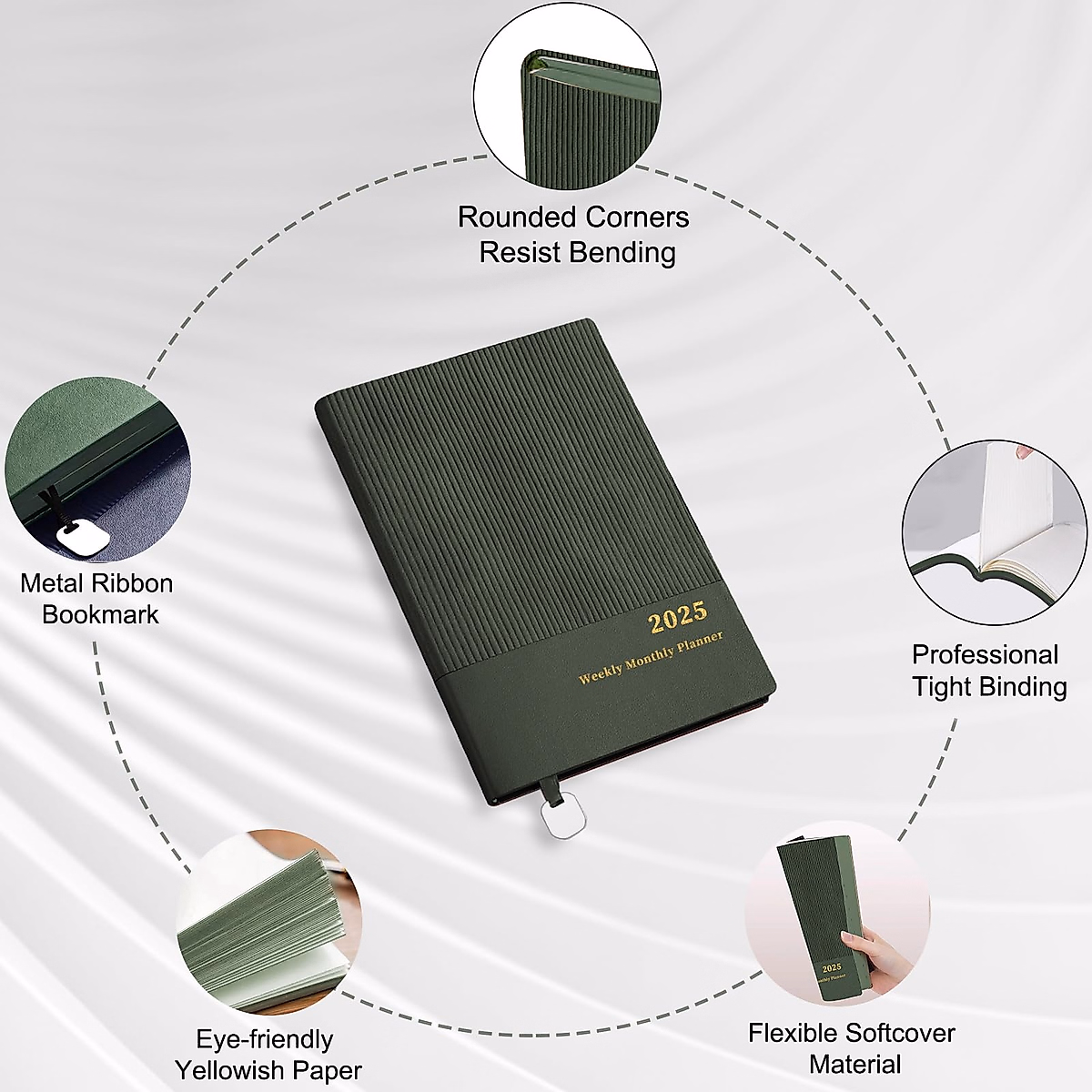 2025 Planner, Weekly Monthly Planner 2025, 8.25"×5.85", 12 Months, JAN.2025 to DEC.2025, School Planner with Soft Flexible Cover, Premium Thick Paper, for School Work Office, Green