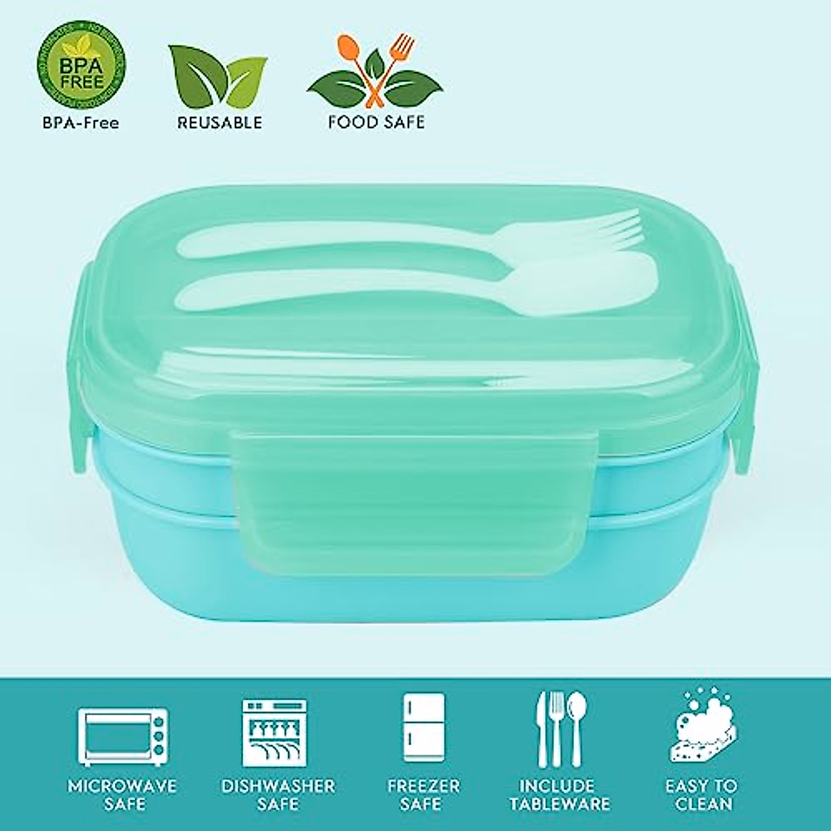 LEITAO Bento Box Adult Lunch Box, 3 Layer Lunch Containers for Adults/Kids/Toddler, 8 Compartments Bento Lunch Box with Utensil Set, BPA Free, Microwave & Dishwasher Safe, Lead-Proof Lunchbox/Teal