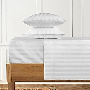 Damask Stripe Queen Size 7-Piece Duvet Cover and Bed Sheet Set 17 inch Deep Pocket - Complete Luxury Soft 1000 Thread Count 100% Egyptian Cotton Bedding Set - White