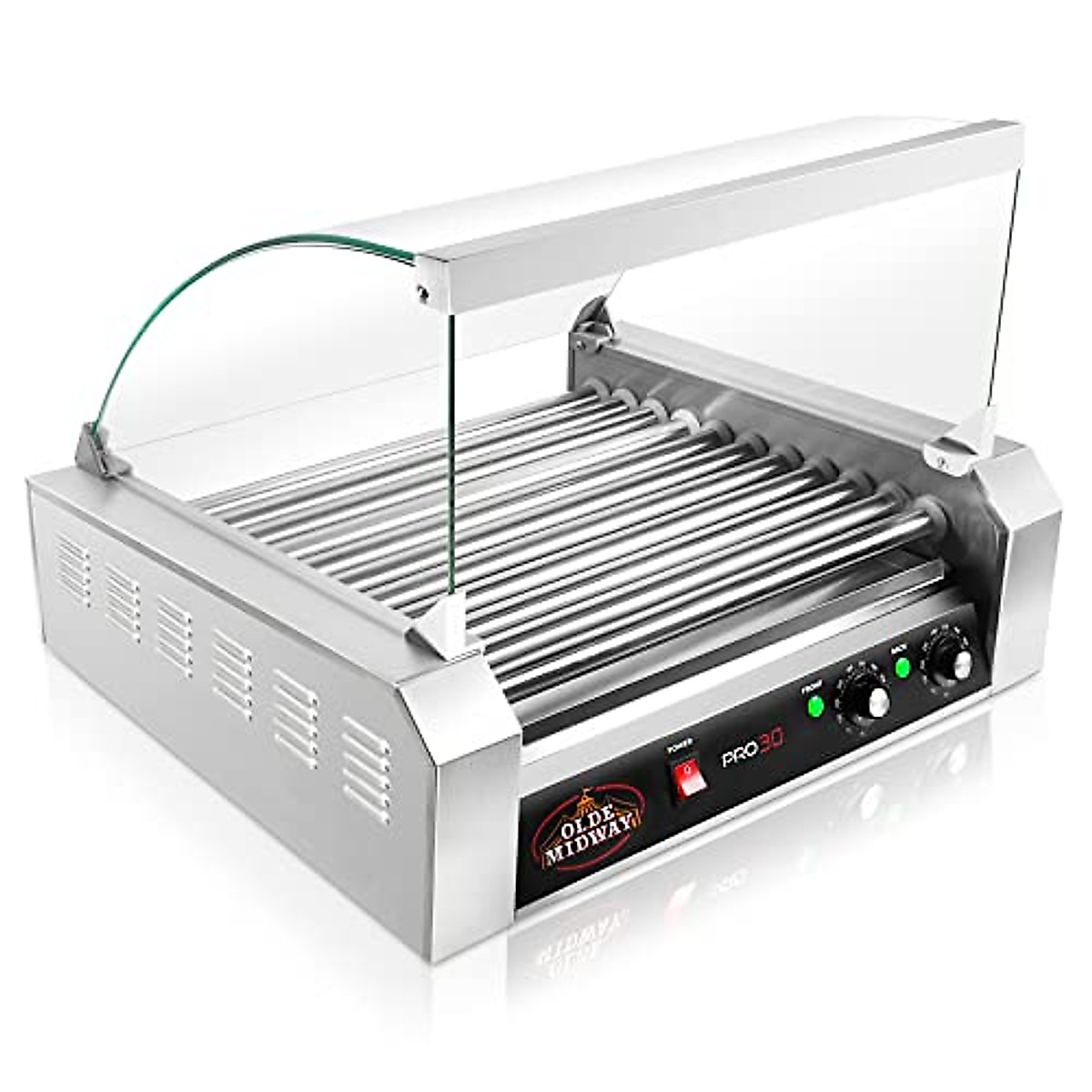 Olde Midway PRO30 Electric Grill Cooker Machine, 30 Hot Dog 11 Roller with Cover, Commercial Grade, Stainless Steel