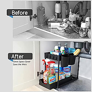 2 Pack Under Sink Organizers and Storage with Sliding Drawer, 2 Tier Bathroom Organizer Under Sink, Kitchen Under Cabinet Organizer Bathroom Sink Organizer with Hooks and Cups, Modern Black