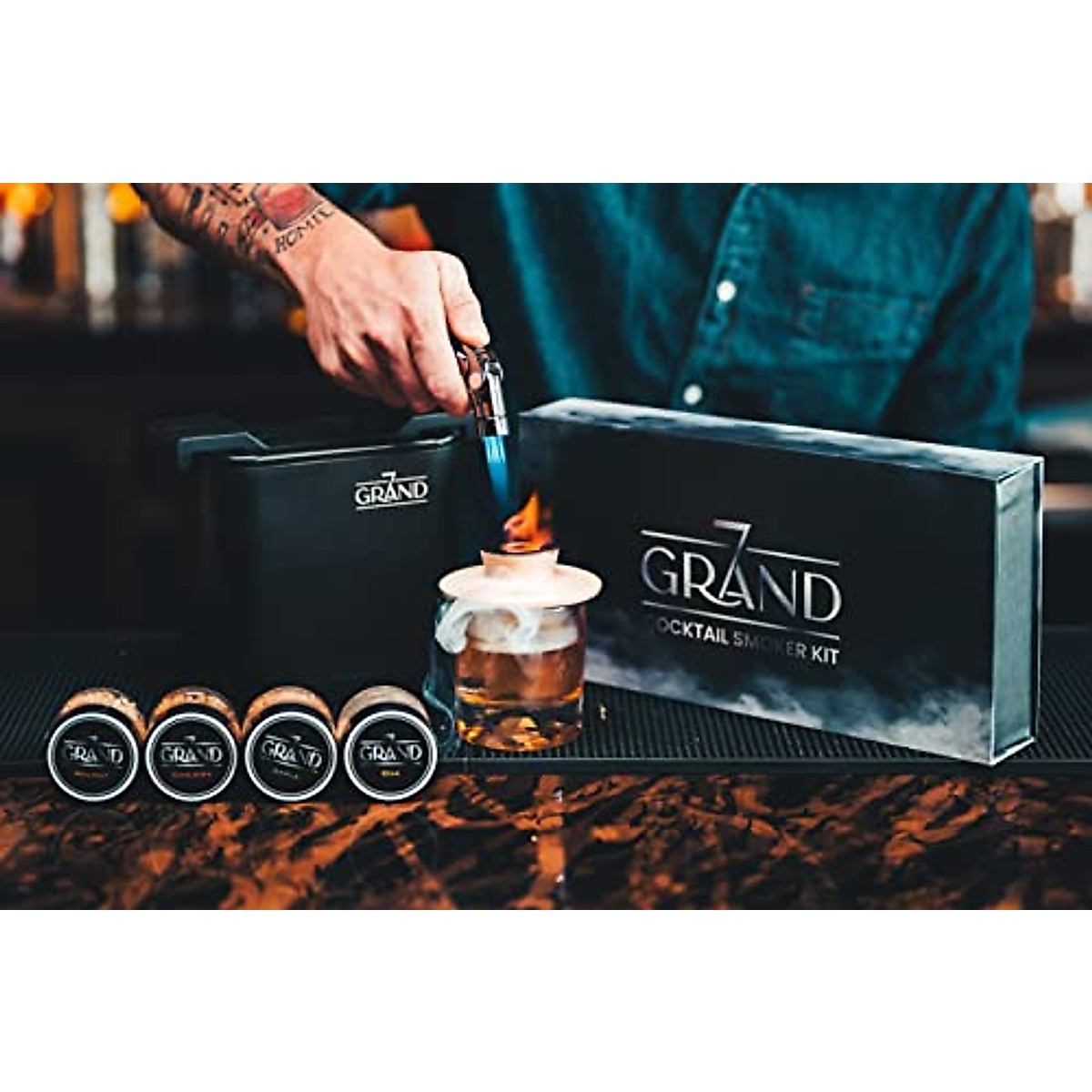 7Grand Cocktail Smoker Kit with Torch and Wood Chips (Butane Not Included) – Smoker for Old Fashioned Cocktails with Cocktail Smoker Top – Whiskey Smoker