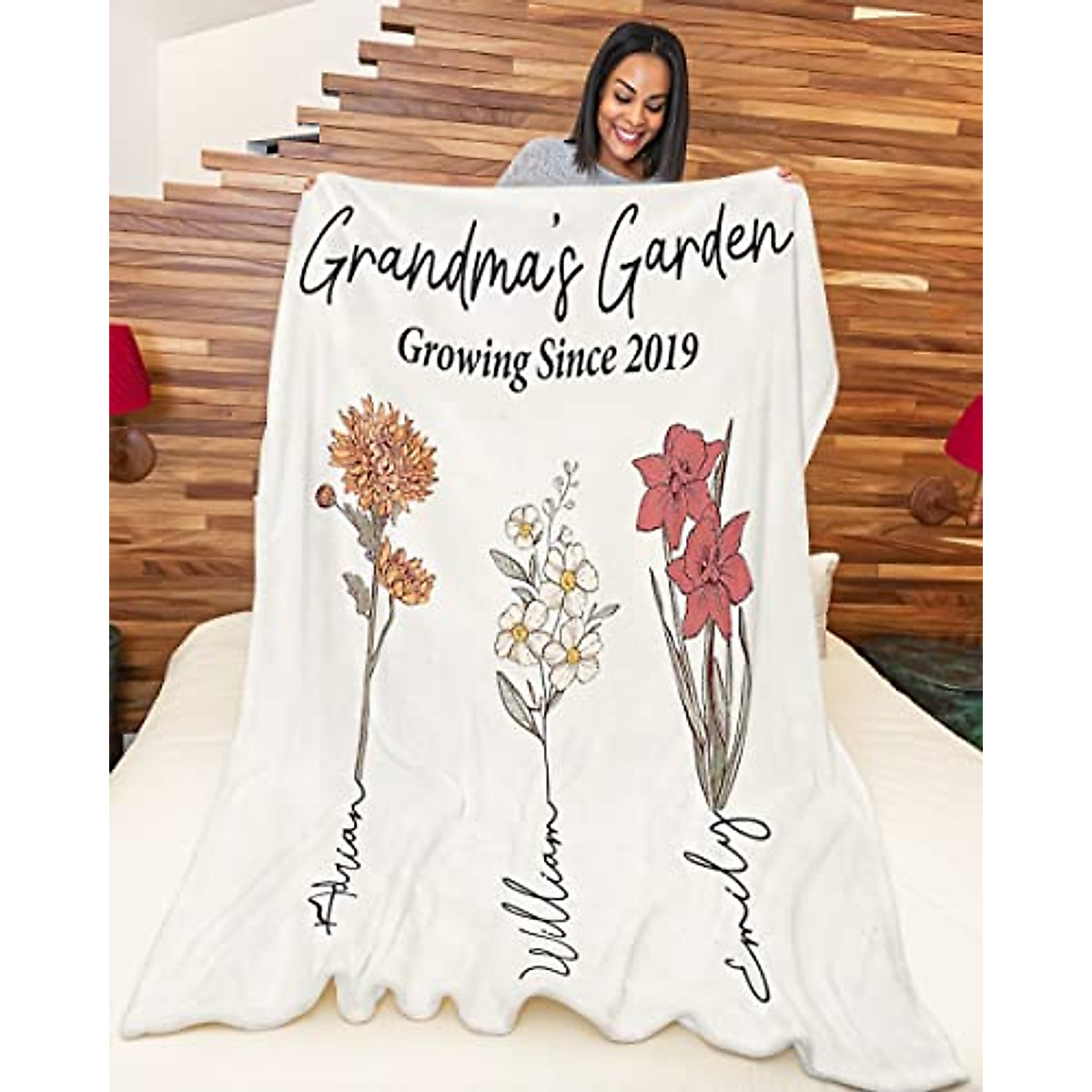 Love Signal Grandma's Garden Personalized Mom Blanket with Kids Names, Grandma Garden Blanket, Mothers Day Christmas Blanket Gifts, Custom Birth Month Flower Blanket for Nana Mimi Gigi