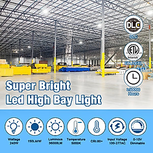 LED High Bay Light Super Bright Dimmable AC100-277V 240W 36000LM 5000K DLC/ETL Listed Lights 6ft with US Plug High Bay LED Light Warehouse Shop Barn Garage (4 Pack)