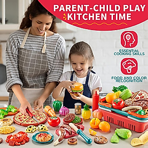 Comirth Pretend Play Food Sets for Kids Kitchen 61Pc, Storage Basket Cutting Toy Food, Fake Food for Toddlers, Play Kitchen Accessories Toys with Fruits Vegetables, Educational Gift for Girls Boys