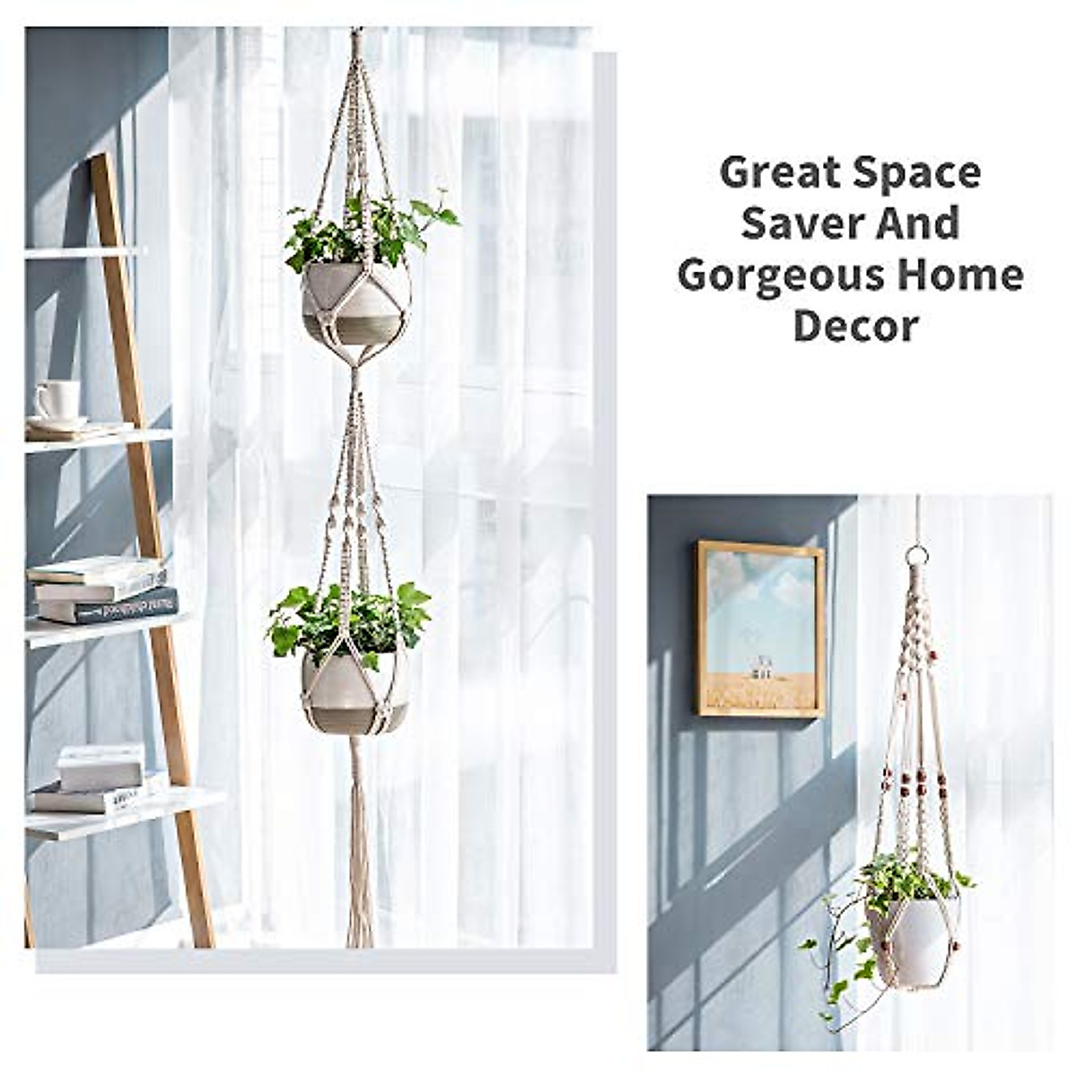 Mkono Macrame Plant Hanger Set of 5 Indoor Wall Hanging Planter Basket Flower Pot Holder Boho Home Decor Gift Box