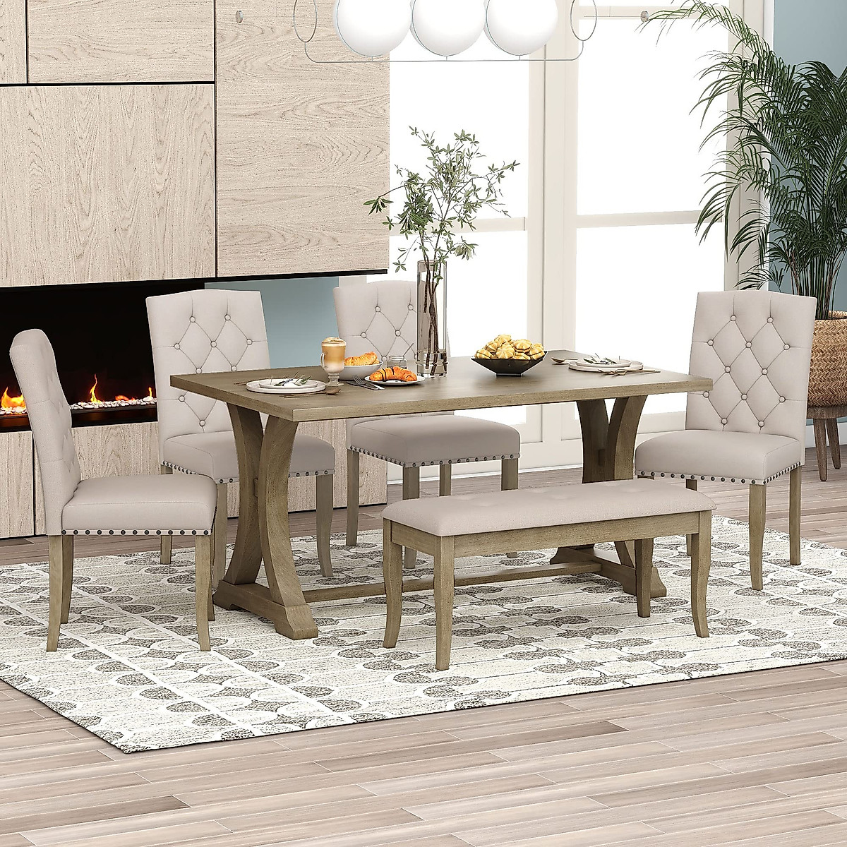 Merax Dining Table Set, 6-Piece Farmhouse Dining Room Set, Rectangular Trestle Table and 4 Upholstered Chairs & Bench for Dining Room, Natural Wood Wash
