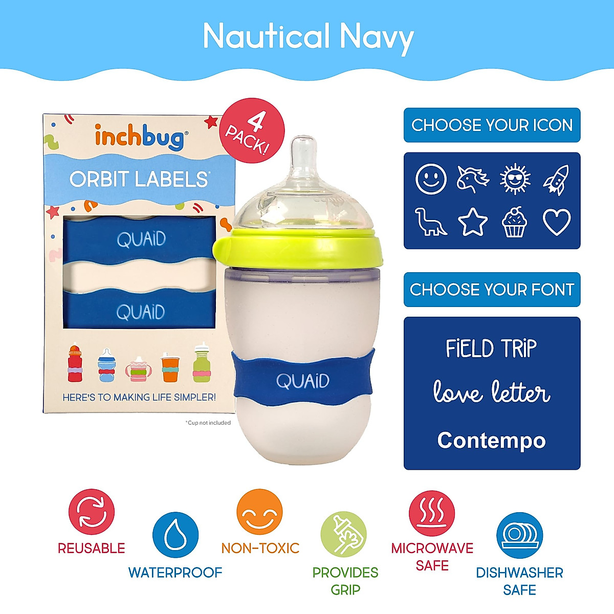 InchBug Orbit Labels - White Contrasting Personalization Silicone Baby Bottle & Sippy Cup Bands - Reusable, Dishwasher Safe, Engraved Name Labels for Daycare, 4-Pack (Nautical Navy)
