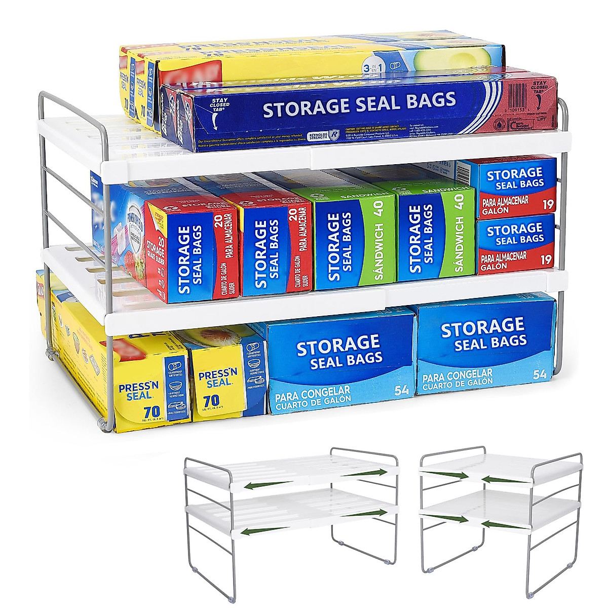 Pantry Organization and Storage for Kitchen - Expandable Kitchen Wrap Box Organizer Rack, Foil Organizer for Cabinet & Counter, Height & Width Adjustable Cupboard Storage Rack - (3 Tier 9.8 to 15.6"L)