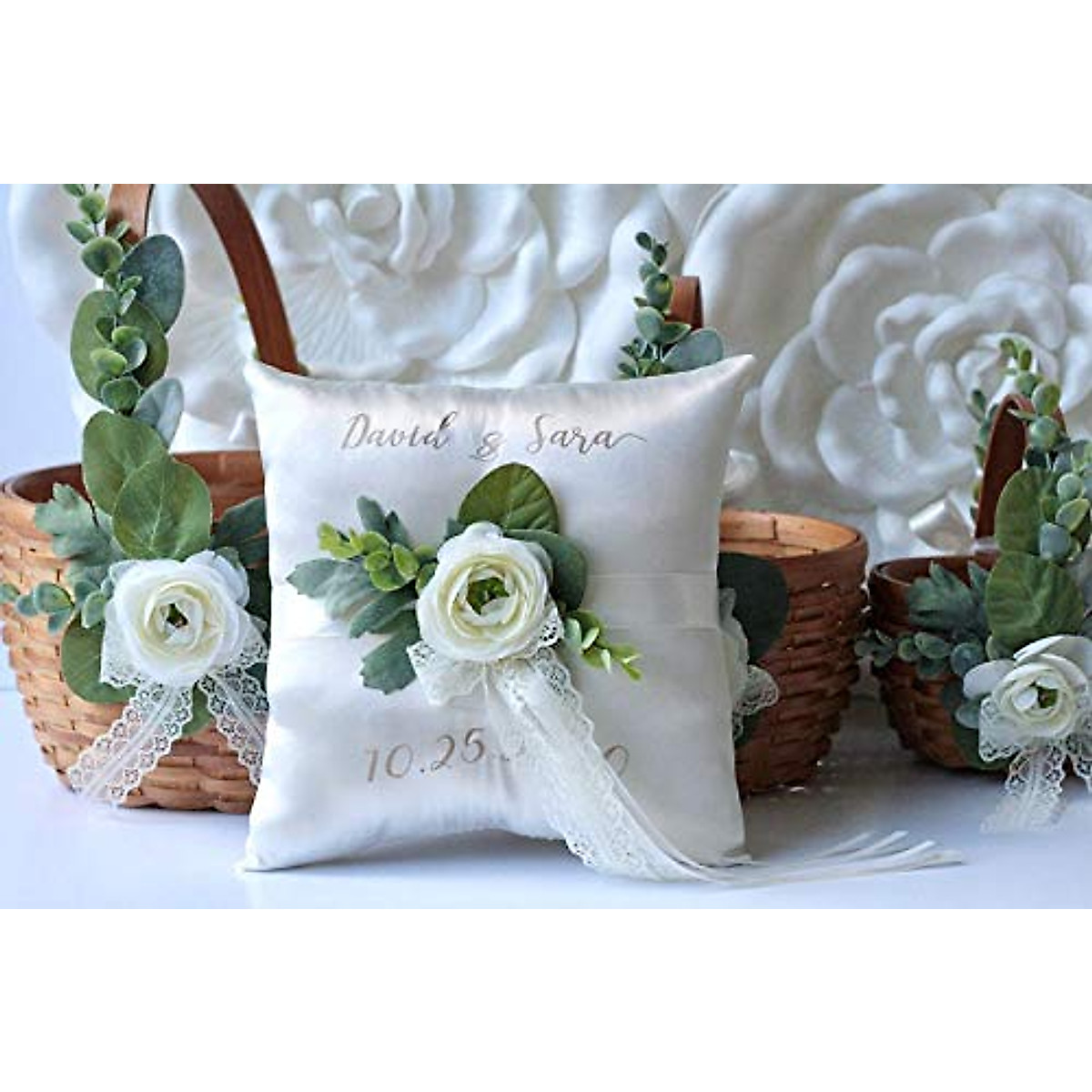 Willow Basket, Flower Girl Basket, Willow Flower Basket, Rustic Flower Girl Baskets, Decorated Basket, Wood Wedding Baskets, Flower Baskets (Pillow Personalized)