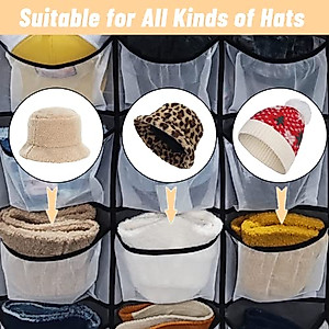 SJEhome Hat Rack Cap Organizer, 24 Deep Mesh Pockets Hat Storage & Ballcap Display Holder for Wall or Door, Over The Door Hat Racks, Hat Storage with Door Hooks,Gray